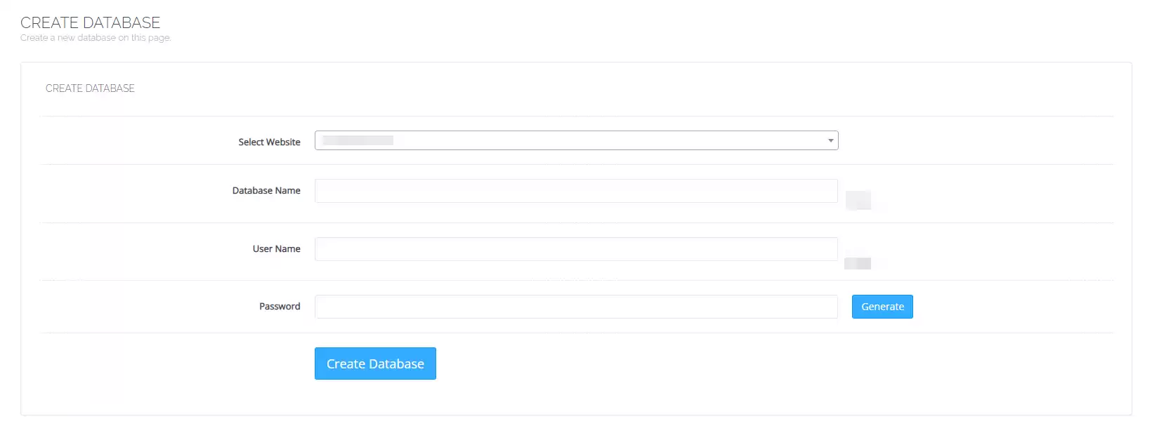 Select Website - select the website that you want create a database Database Name and User Name ...